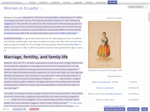 Student work highlighted in Women in Ecuador Wikipedia article
